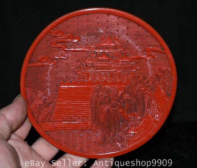 6& CHINESE MARKED Old Wood Carving Mountain House Red lacquerware Plate ...