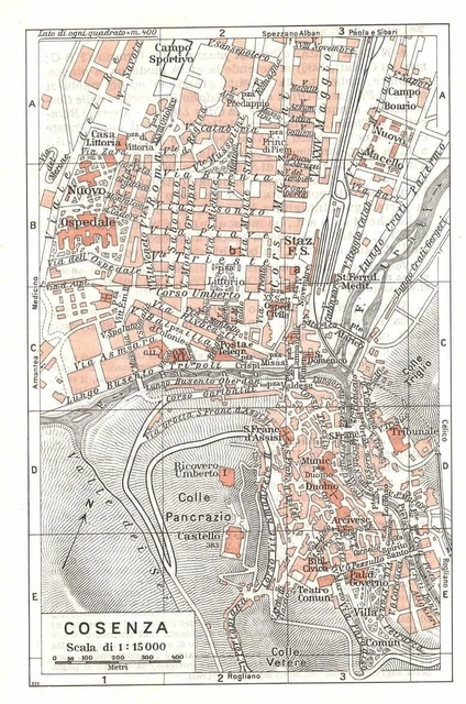 CARTA GEOGRAFICA ANTICA COSENZA pianta della città TCI 1940 Antique map ...