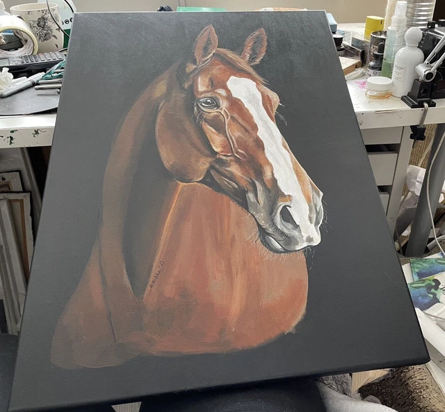 COA ORIGINAL ART peinture acrylique portrait de cheval alezan 20"x28 ...