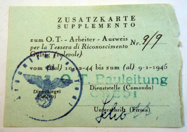 RARE WWII ITALY NAZI Ticket Pass WORK O.T. GHEDI BRESCIA 1945 9-1 EUR ...