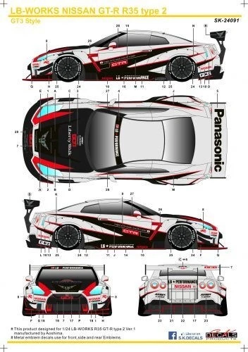 S.K.DECALS SK2491 1/24 Größe LB-WORKS NISSAN GTR R35 Typ 2 Siebdruck ...