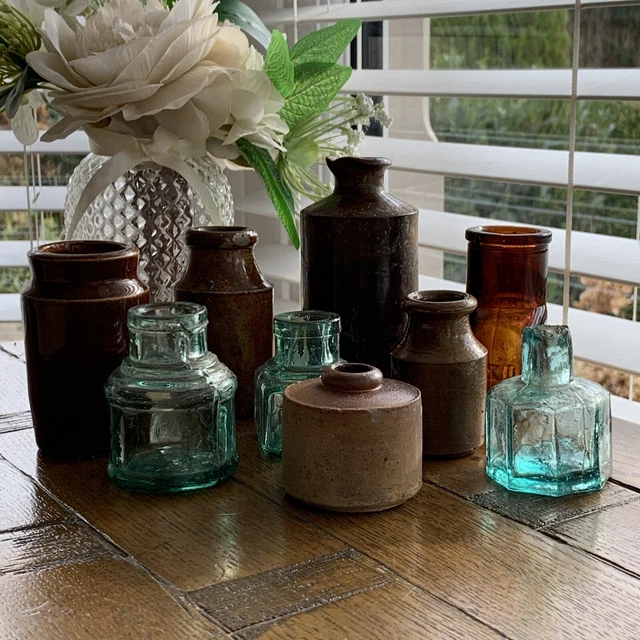 OLD FASHIONED VICTORIAN Ink Wells Vintage Pouring Ink Bottles Glass Ink ...