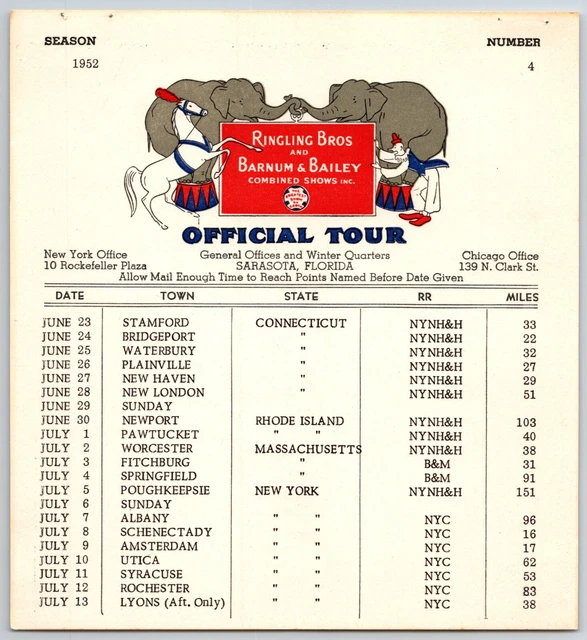 1952 RINGLING BROS Barnum Bailey Circus Route Card Stamford Bridgeport ...