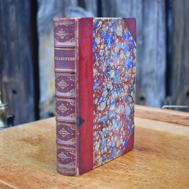 ANTIQUE THE WORKS of Shakespear Half Leather Bound Illustrated Marbled ...