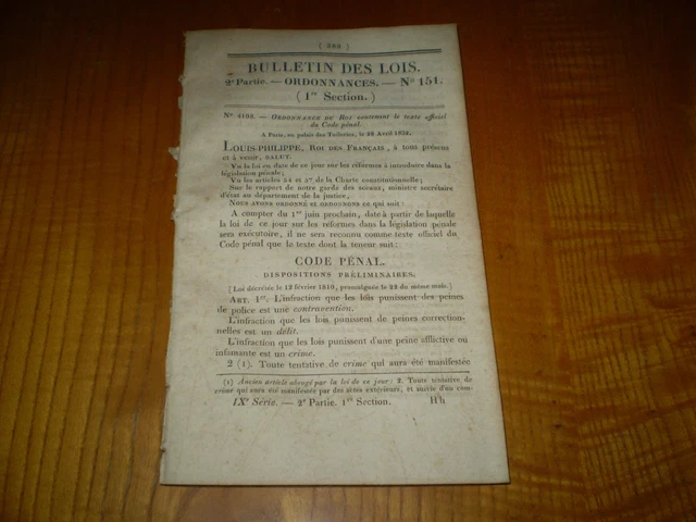 CODE PÉNAL, BULLETIN des lois n° 151 de 1832 Louis Philippe ...