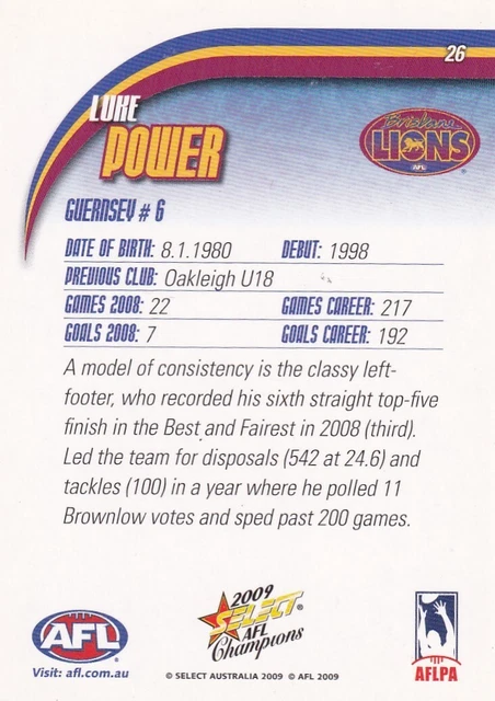 AFL 2009 SELECT Brisbane Lions - Jared Brennan Card No.18 $2.20 ...