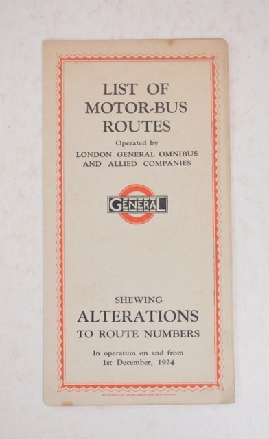 BUS COACH LONDON General Leaflet List of Motor Bus Routes 1st Dec. 1924 ...