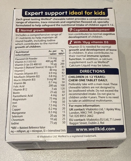 VITABIOTICS WELLKID MULTI-VITAMIN Smart Chewable 30 Tablet £5.86 ...