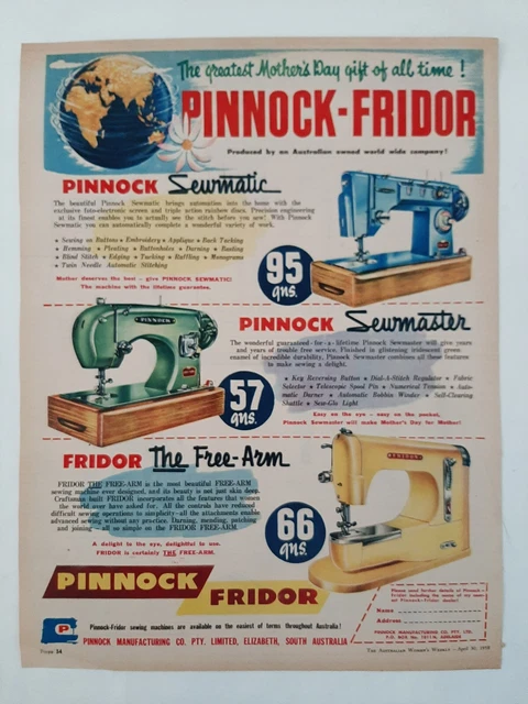 VINTAGE AUSTRALIAN ADVERTISING 1958 ad PINNOCK FRIDOR SEWING MACHINE ...