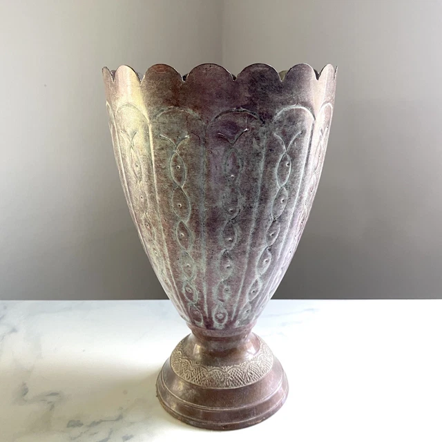 VINTAGE 9” TALL Etched Metal Pedestal Vase Urn Scalloped Rim Verdigris ...