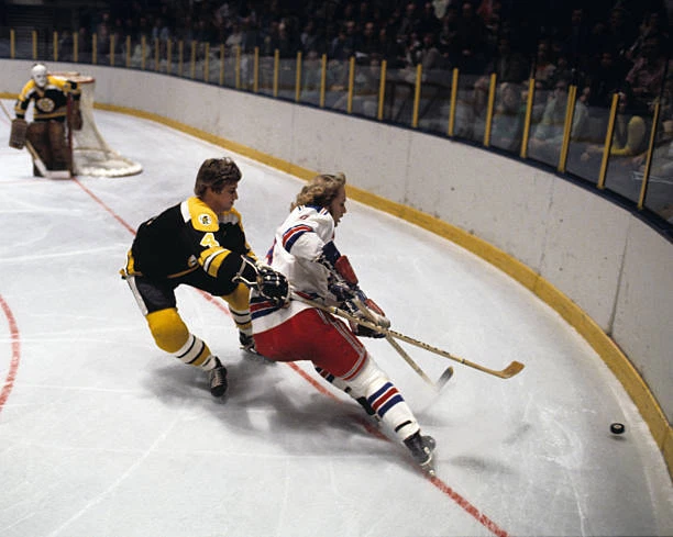 NEW YORK RANGERS Gene Carr in action vs Boston Bruins Bobby - 1973 Old ...