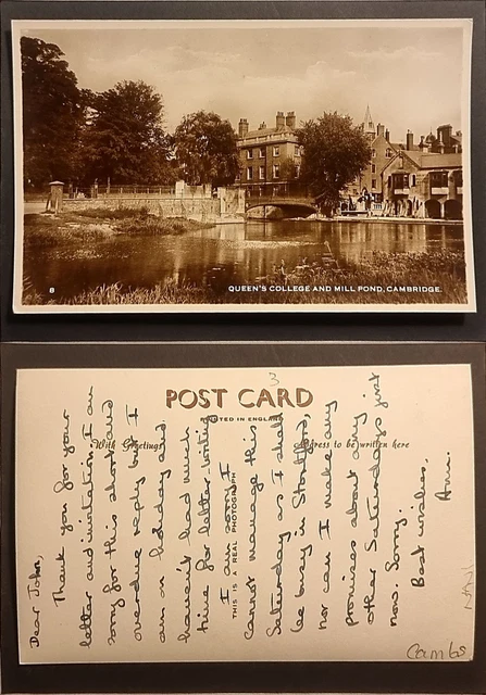 CAMBRIDGE POSTCARD C1930 Cambs Queens College And Mill Pond Real Photograph $14.53 - PicClick AU