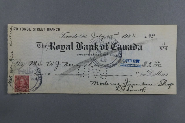 *KENGO* ROYAL BANK of Canada 1935 Cheque revenue stamp KGV #219 3c ...