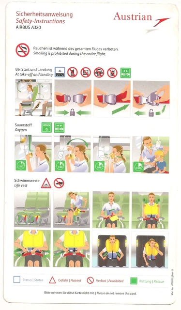 AUSTRIAN AIRLINES SAFETY card Airbus A320 (Rev. 01) EUR 5,22 - PicClick IT