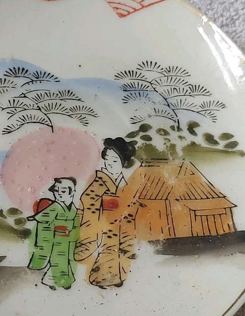 VINTAGE JAPANESE PORCELAIN Plate Geisha Couple Sunrise Scene 4" Red ...
