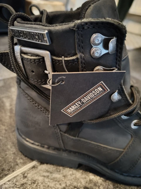 HARLEY DAVIDSON HARRISON Men's Black Leather Biker Boots Hooked Lace Up ...