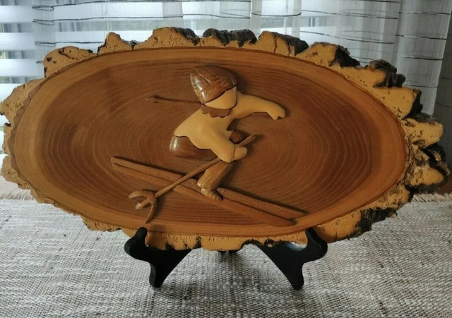 VTG INTARSIA ART Skier, Sliced Log Frame Three Dimensional Wooden ...