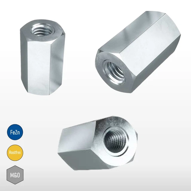 LANGMUTTER [DIN 6334] M6-M16 Sechskantmuttern Gewindemuffen galvanisch verzinkt EUR 4,99 ...