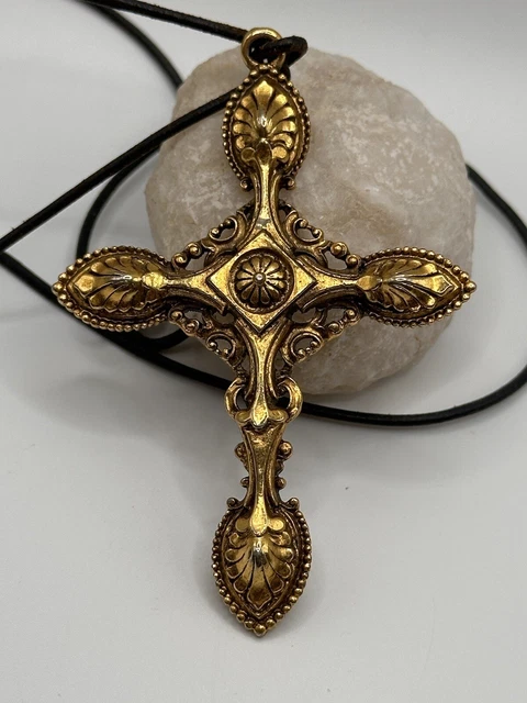 SIGNED ART 70S VTG Byzantine Gilt Large Golden Ornate Cross PENDANT £28 ...