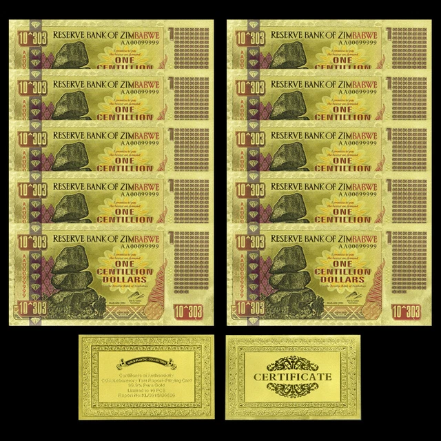 10 PIEZAS ZIMBABUE Lámina De Oro Billetes ONE CENTILLION Dollars ...