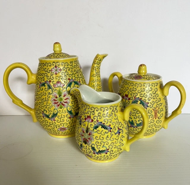 CHINESE PORCELAIN Longevity Pattern Yellow Tea Set Teapot Milk Jug ...