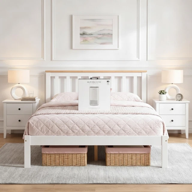 SOLID PINE WOOD Double Bed Frame 4FT6 White with Headboard Modern ...