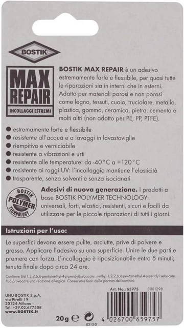 BOSTIK MAX REPAIR Adesivo Di Riparazione Super Forte, Flessibile, per Incollaggi EUR 9,99 ...