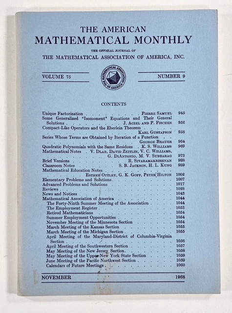 1968 NOV AMERICAN MATHEMATICAL MONTHLY Number Theory GROUPS Iterated Functions £4.53 - PicClick UK