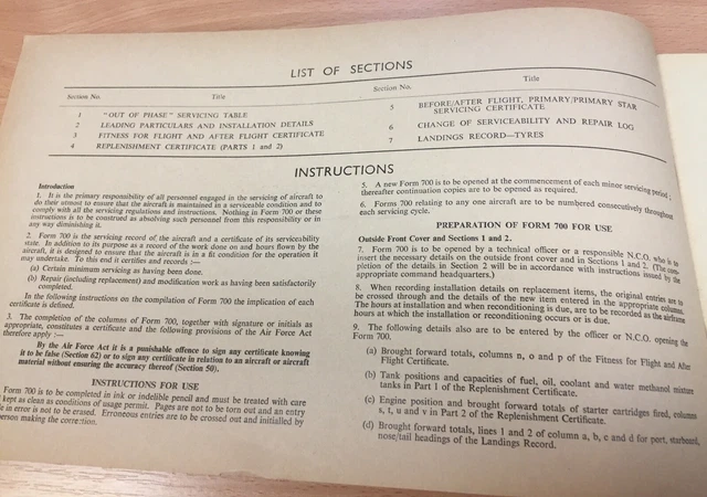 RAF FORM 700/F, Blank, Aircraft Servicing Form, Flying Training Piston ...