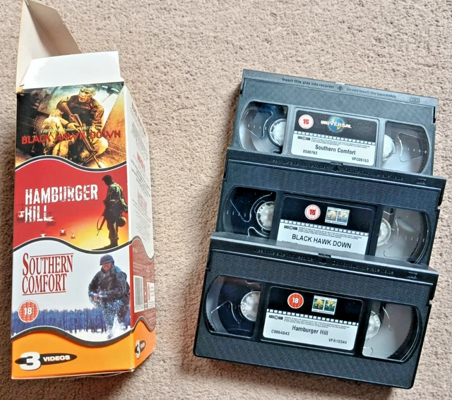 X3 VHS BOX set Black Hawk Down, Hamburger Hill, Southern Comfort ACTION ...