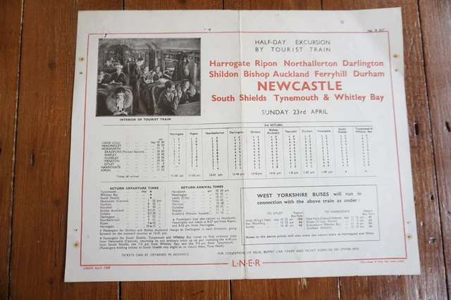 1939 LNER RAILWAY Small Timetable Poster Newcastle South Shields ...