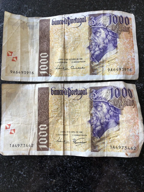 2 BANKNOTE, PORTUGAL, 1000 Escudos, 1996 serial numbers 1A4973442 And ...