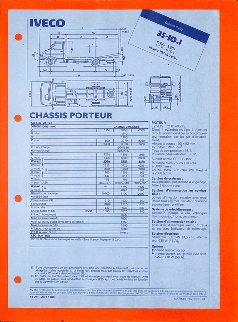IVECO / FICHE TECHNIQUE / DAILY 35 - 10 . 1 / CHASSIS PORTEUR de 1989 ...