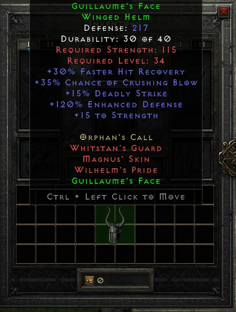 DIABLO 2 RESURRECTED (D2R) - Guillaume's Face Set Helm - PC Softcore ...