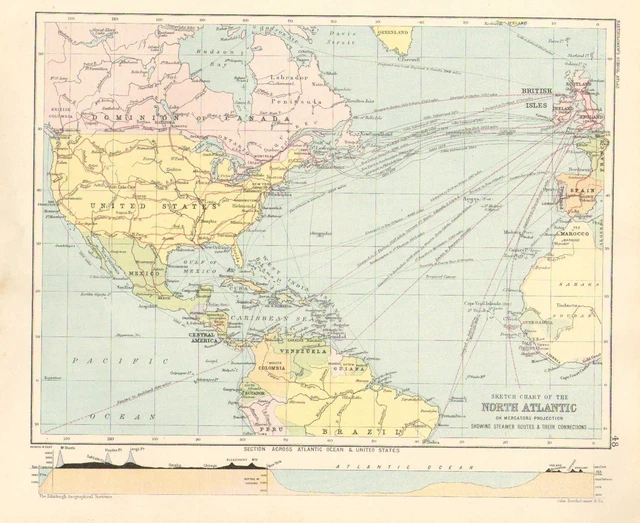 1891 VICTORIAN MAP North Atlantic Steamer Routes & Connections British ...