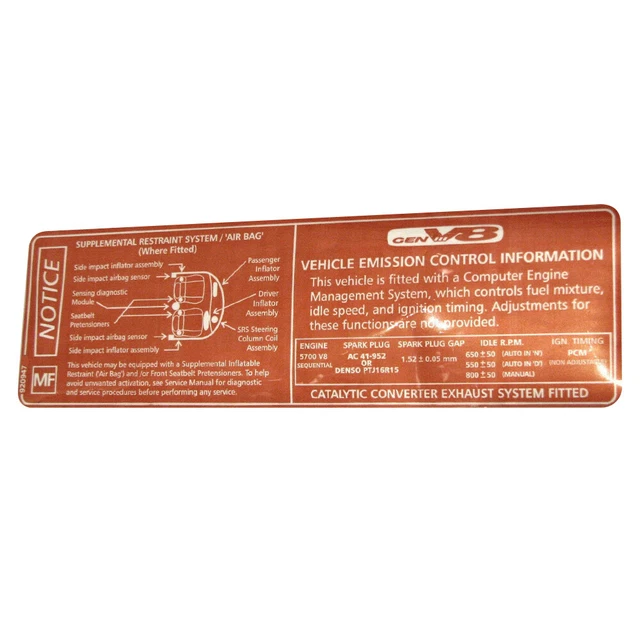 GENUINE HOLDEN DECAL Engine Bay Emission for Commodore SS Calais VT V2 ...