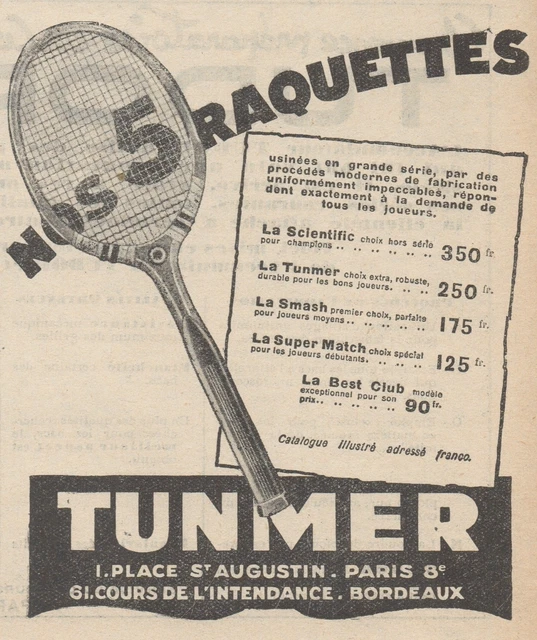 Z9028 TUNMER NOS 5 Raquettes - Publicité D'Époque - 1928 Old ...