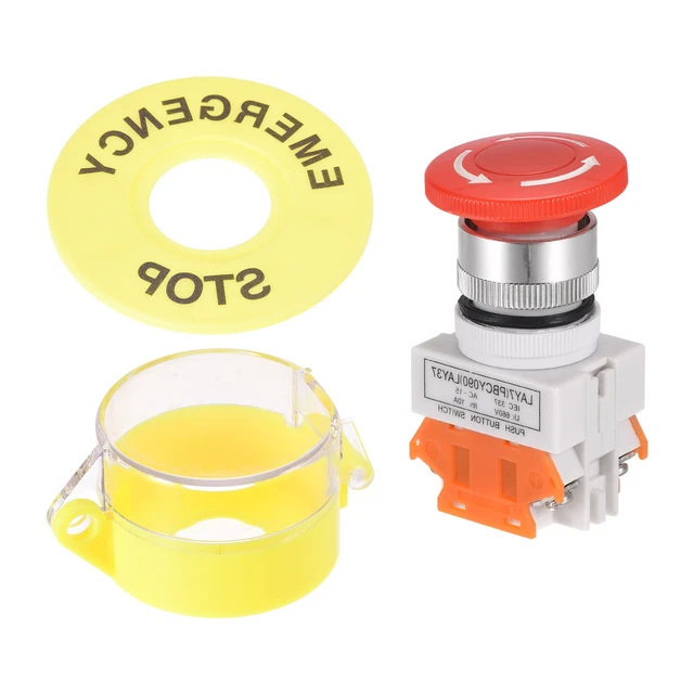 LATCHING EMERGENCY STOP Push Button Switch With Yellow Protective Cover ...