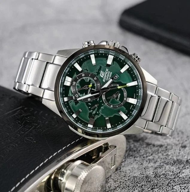 CASIO EDIFICE MENS Watch Green Dial & Steel Silver Bracelet Efr-303Db ...
