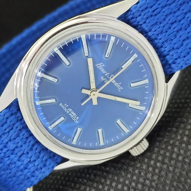 MECHANICAL HENRI SANDOZ & FILS VINTAGE SWISS MENS WRIST BLUE WATCH 546 ...