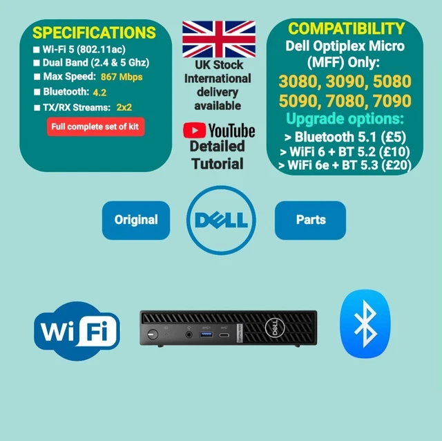 KIT WIFI 6 Bluetooth 5.2 per DELL Optiplex Micro 3080 5080 3090 5090 7080 7090 EUR 32,62 ...