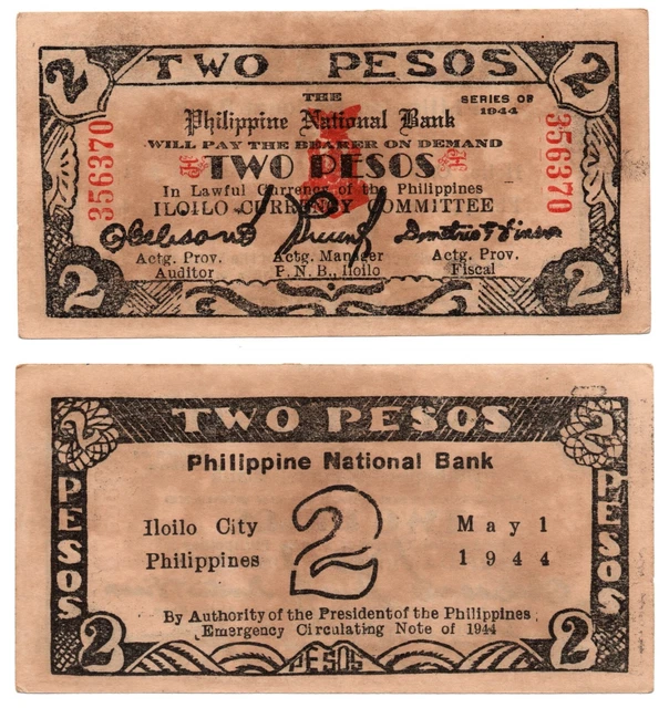 1944 PHILIPPINES ILOILO 2 Pesos Emergency Circulating Bank Note S340 AU ...