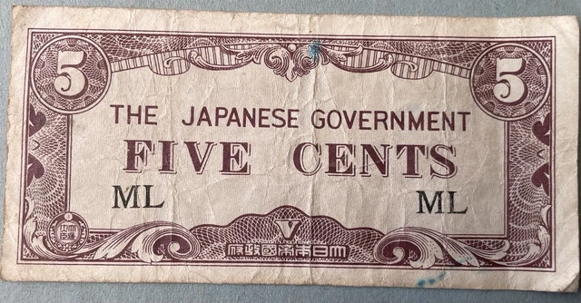 WWII JAPANESE GOVERNMENT Occupation Of Malaya Five Cent Note Good ...