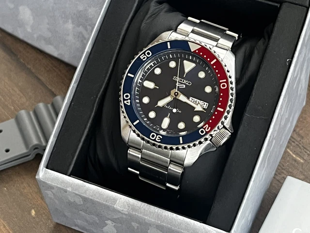 SEIKO 5 SPORTS Auto Pepsi Blue Red Bezel Steel Bracelet Mens Watch ...