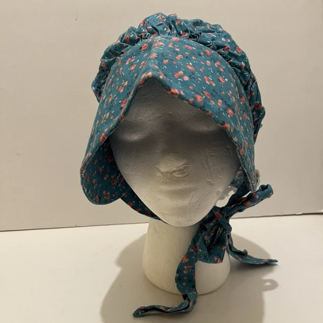 WOMENS VTG PRAIRIE Bonnet Hat Historic Costume Teal Blue Pink Floral ...