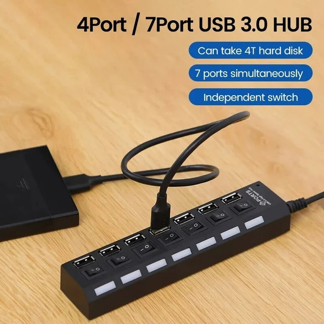 USB 2.0 HUB Multi USB Splitter Ports Power Adapter 7 Expander Switch ...