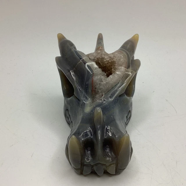 DECORATIVE CARVED GEODE Quartz Crystal Dragon Head Skull Sculpture (14B ...