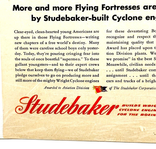 VINTAGE 1943 STUDEBAKER Flying Fortress Boeing Wright Cyclone Engines ...