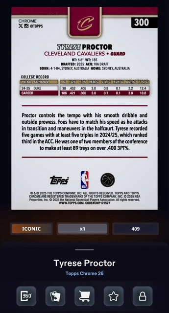 TOPPS NBA COLLECT DIGITAL 2026 Tyrese Proctor Chrome Negative Base ...