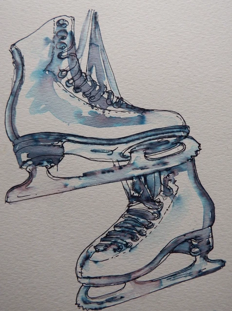ORIGINAL PEN & ink drawing of a pair of ice skates boots on watercolour ...